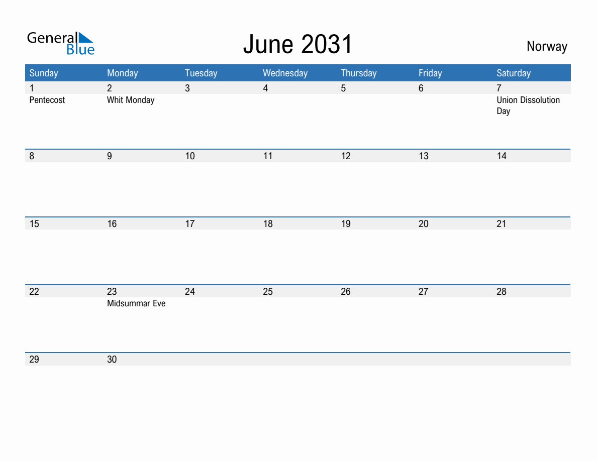 June 2031 Monthly Calendars with Norway Holidays