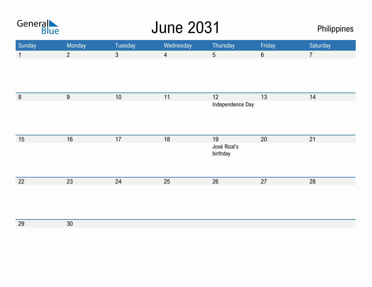 June 2031 Monthly Calendars with Philippines Holidays