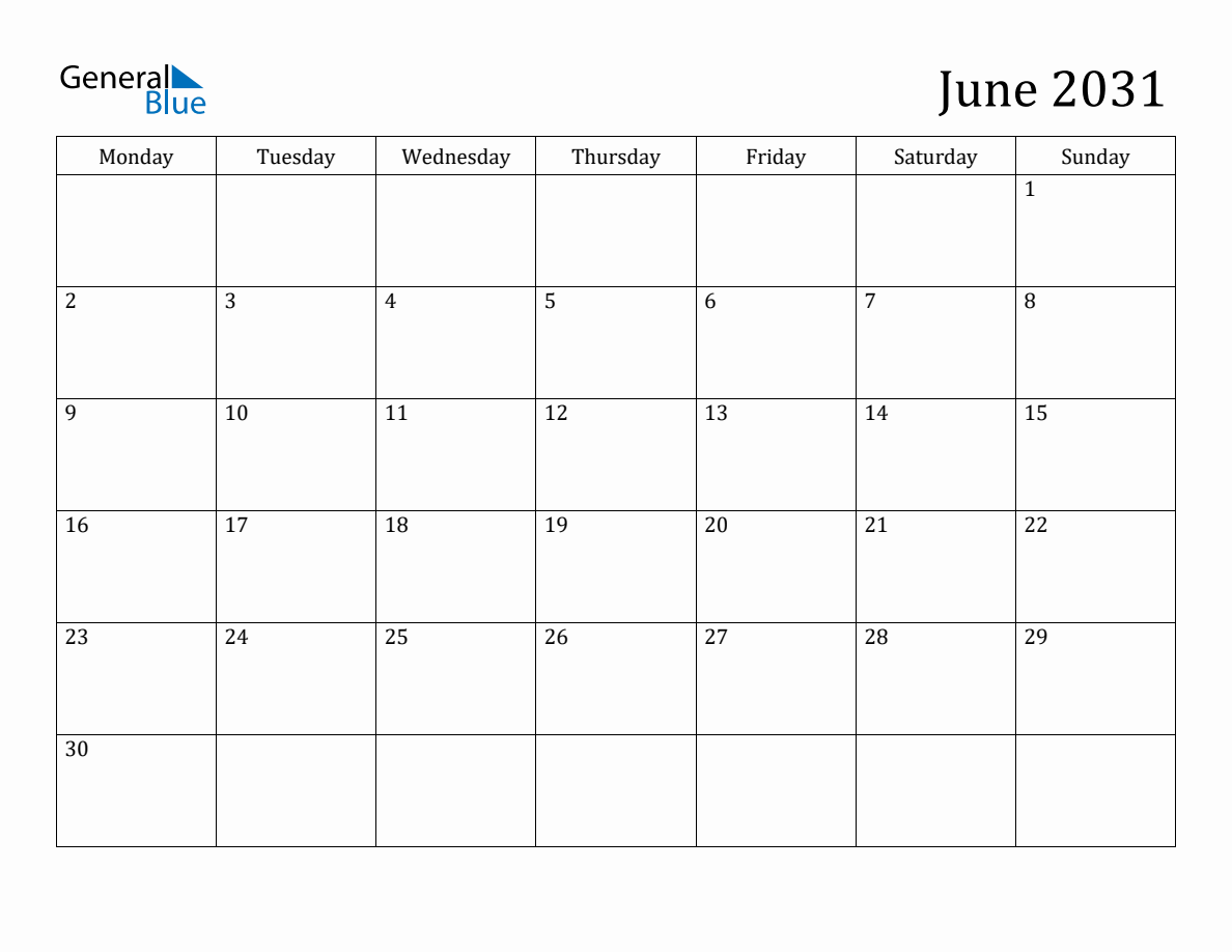 June 2031 Monthly Calendar - Monday Start