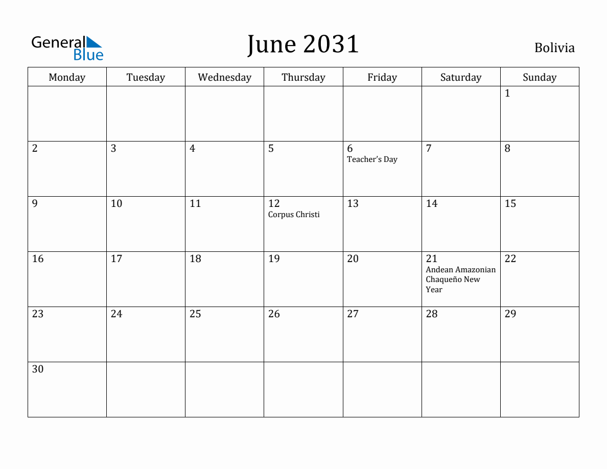 Bolivia Monthly Calendar - June 2031 (Monday Start)