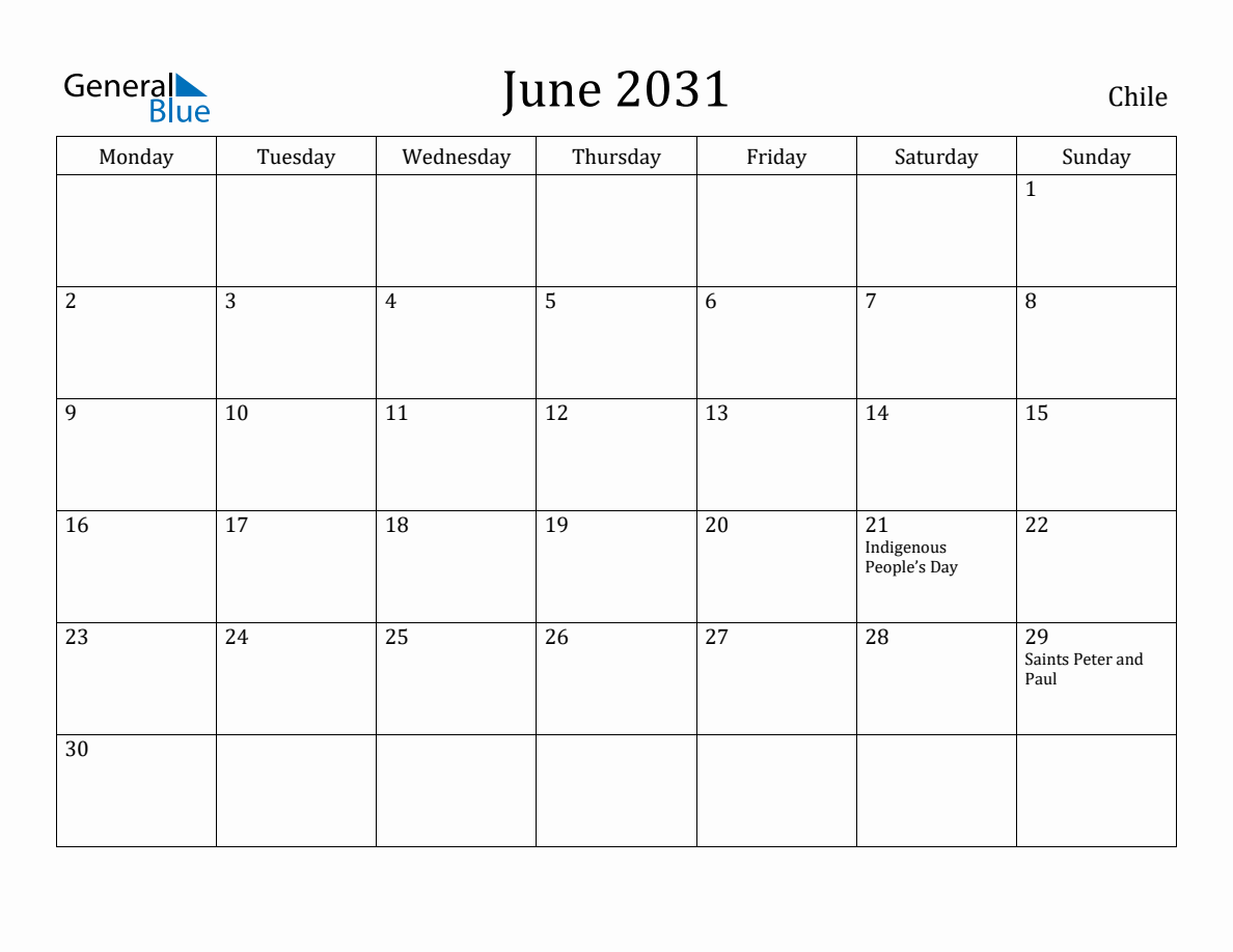 Chile Monthly Calendar - June 2031 (Monday Start)