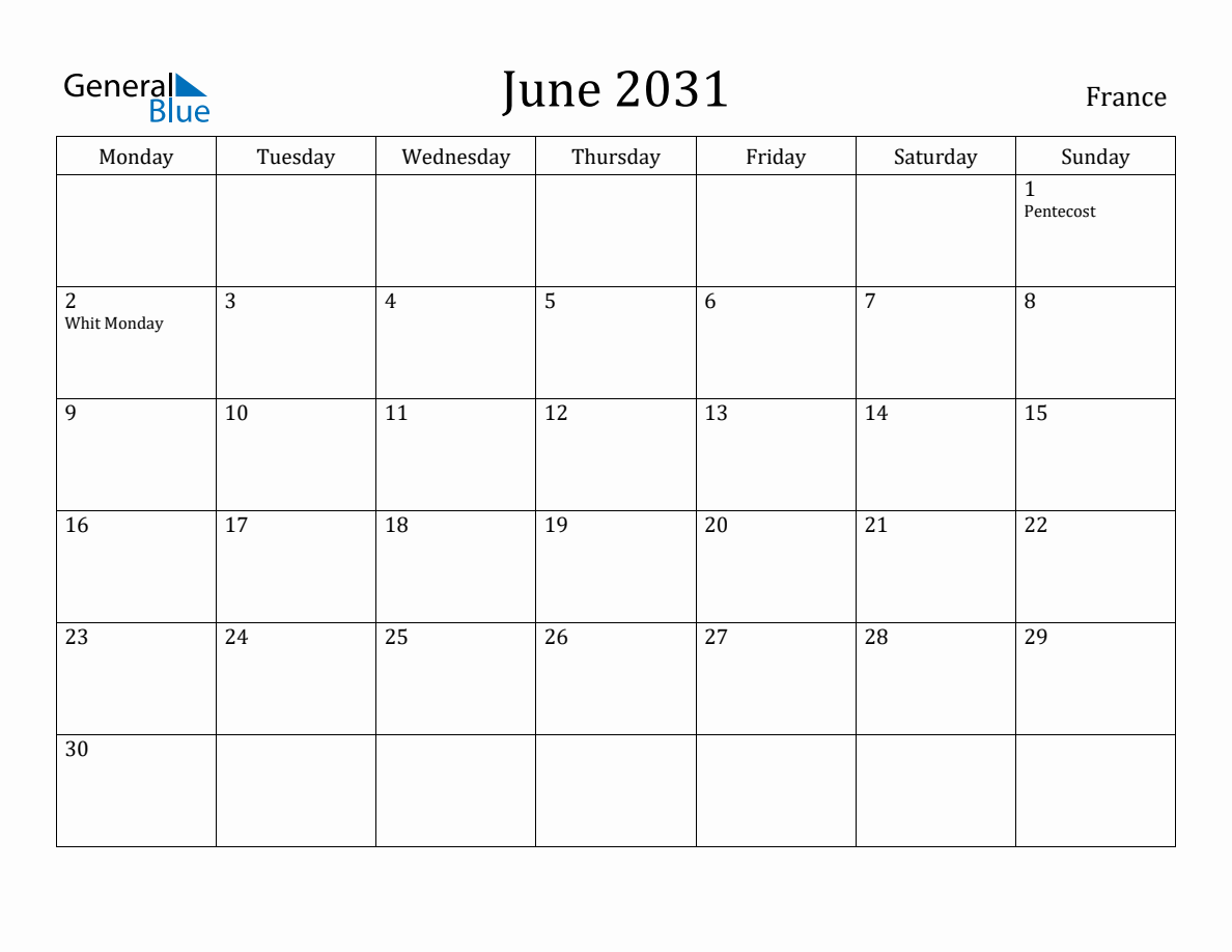 June 2031 - France Monthly Calendar with Holidays