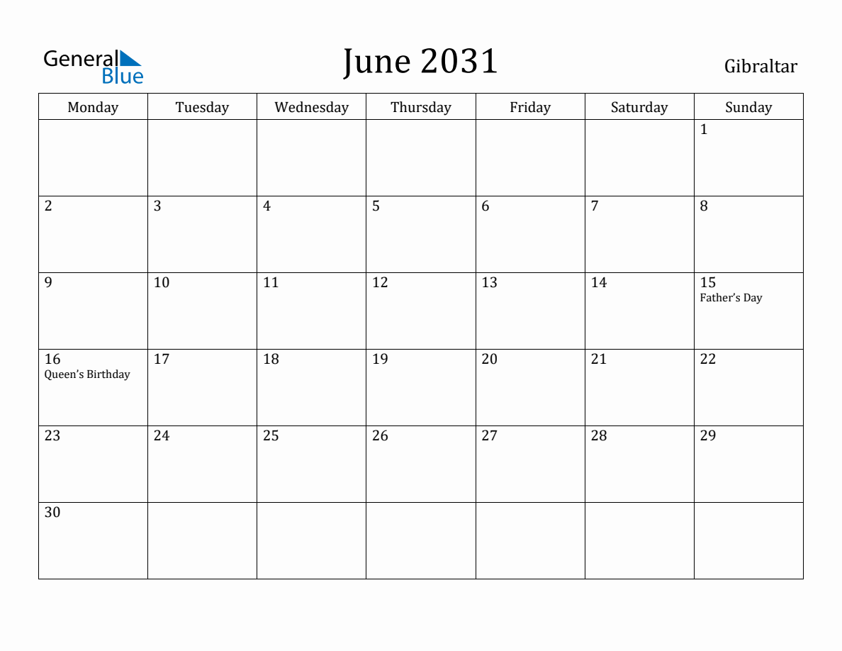 June 2031 Monthly Calendar with Gibraltar Holidays