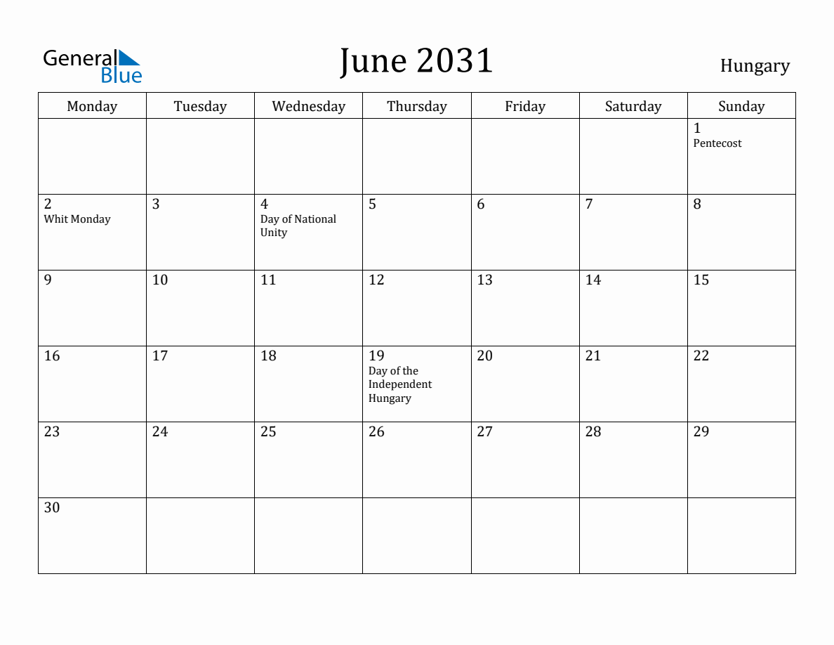 Hungary Monthly Calendar - June 2031 (Monday Start)