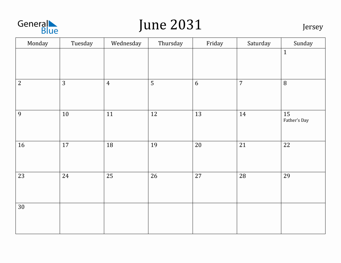 Jersey Monthly Calendar - June 2031 (Monday Start)