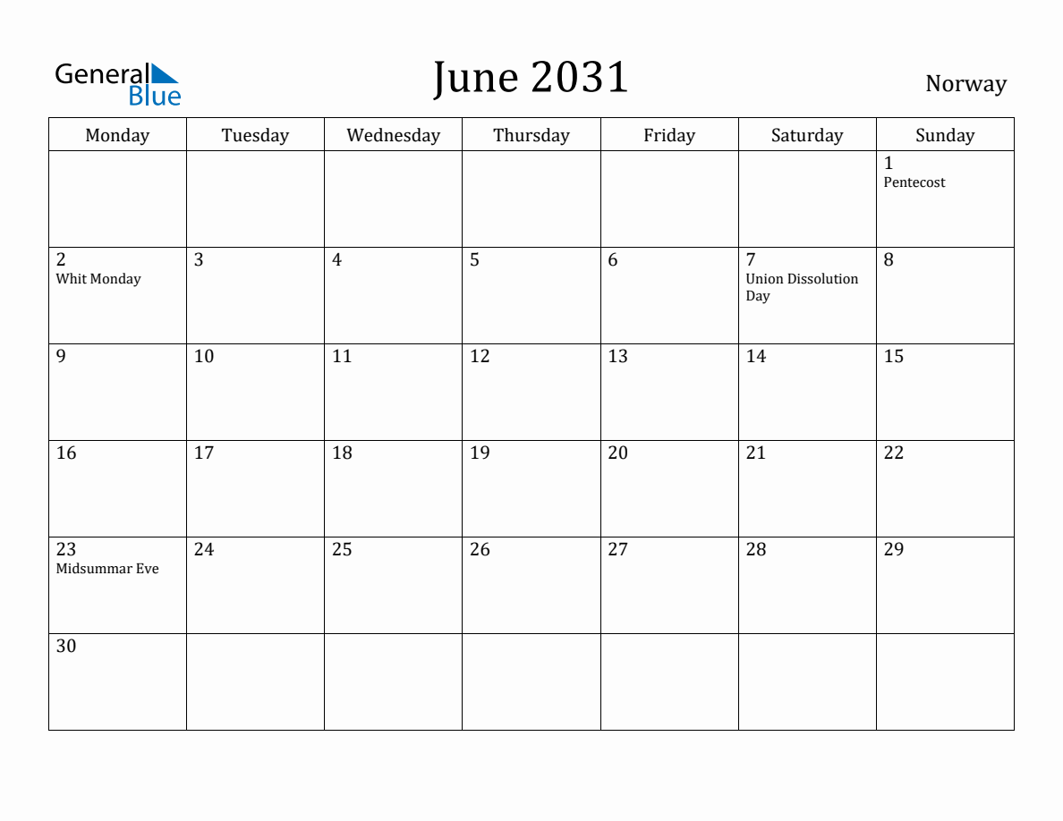 Norway Monthly Calendar - June 2031 (Monday Start)