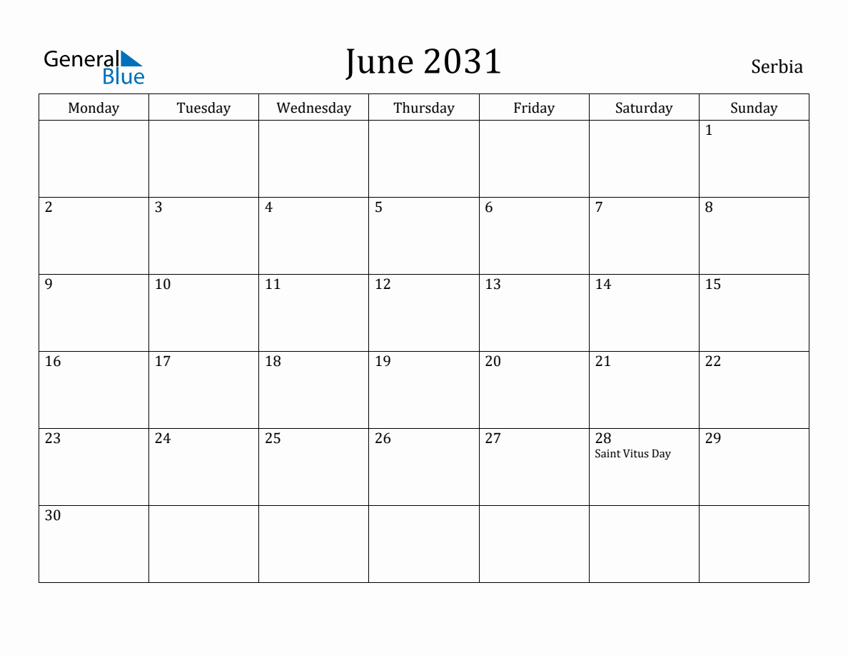June 2031 Monthly Calendar with Serbia Holidays (Monday Start)