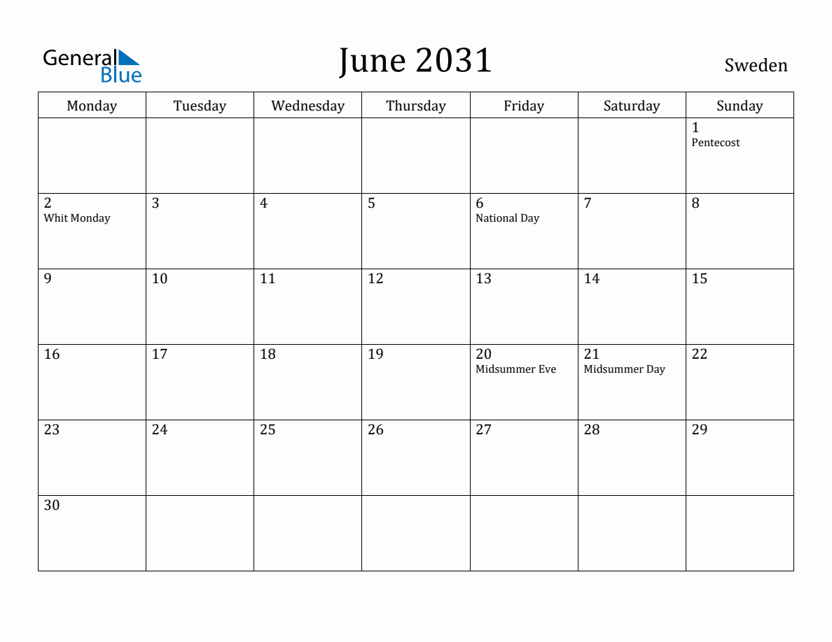 June 2031 - Sweden Monthly Calendar with Holidays