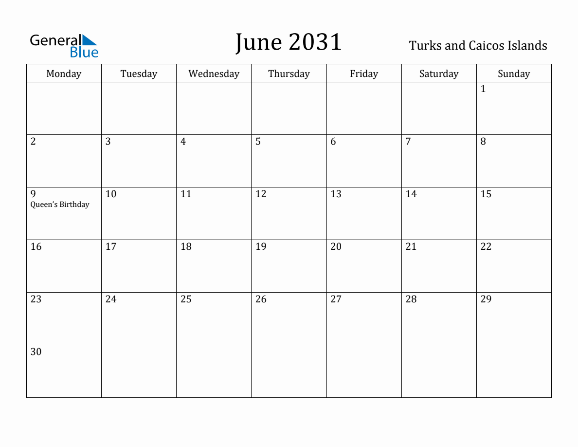 June 2031 Monthly Calendar with Turks and Caicos Islands Holidays ...