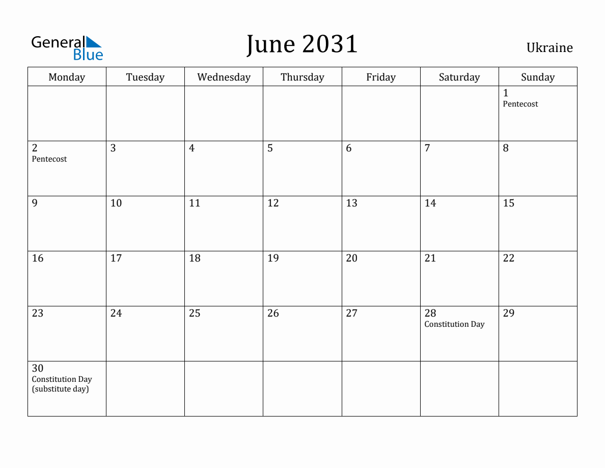 Ukraine Monthly Calendar - June 2031 (Monday Start)