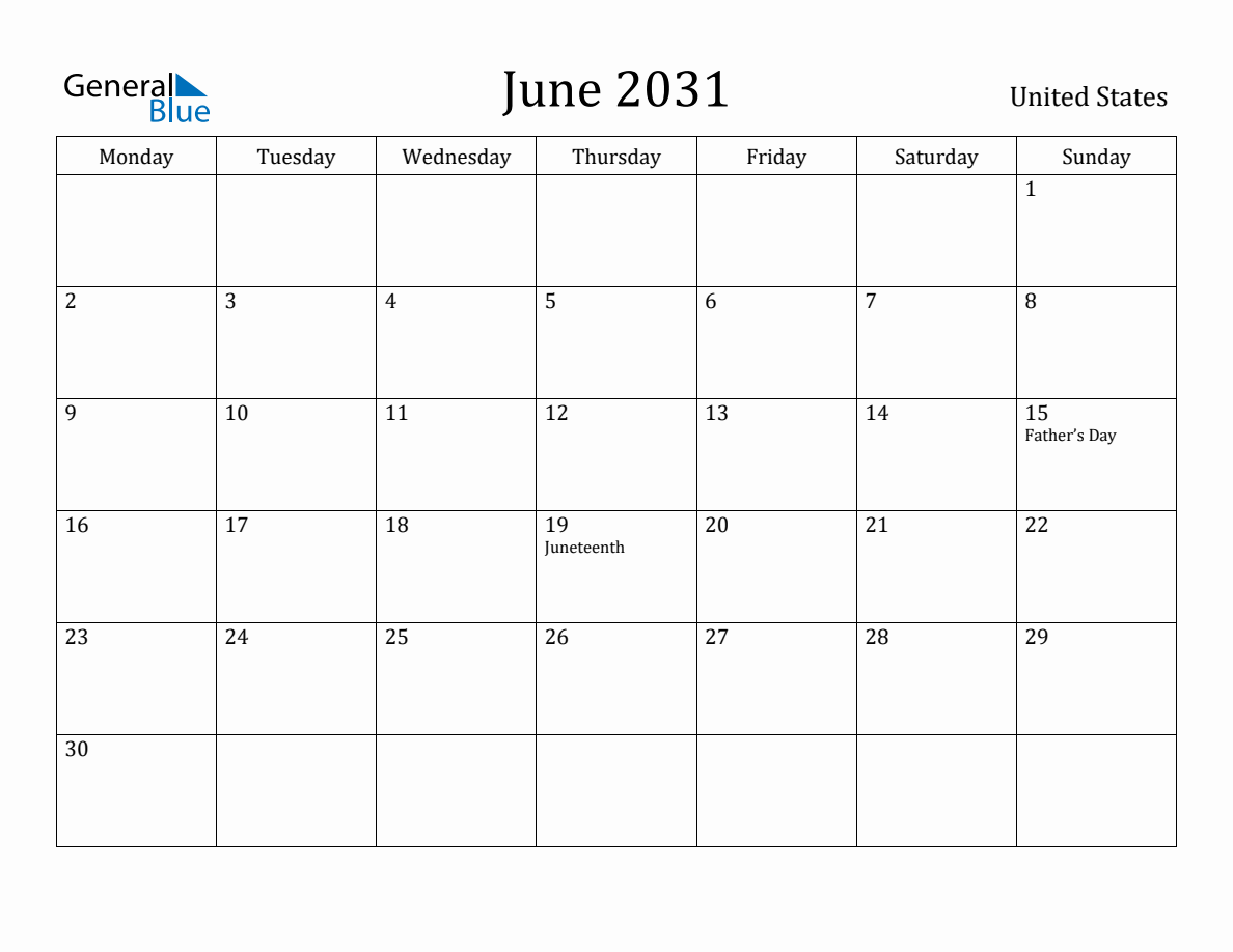 United States Monthly Calendar - June 2031 (Monday Start)