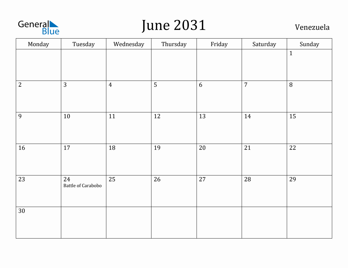 Venezuela Monthly Calendar - June 2031 (Monday Start)