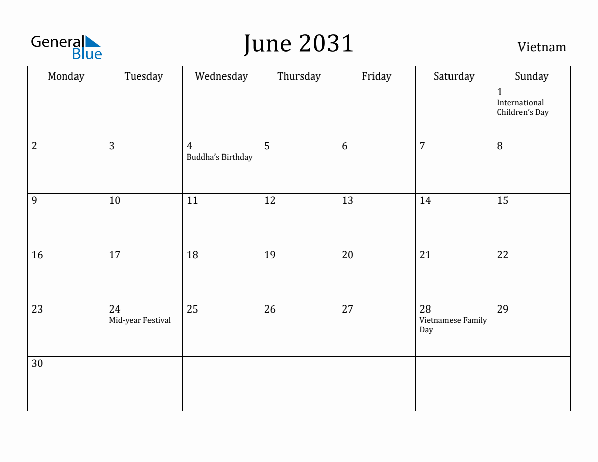 Vietnam Monthly Calendar - June 2031 (Monday Start)