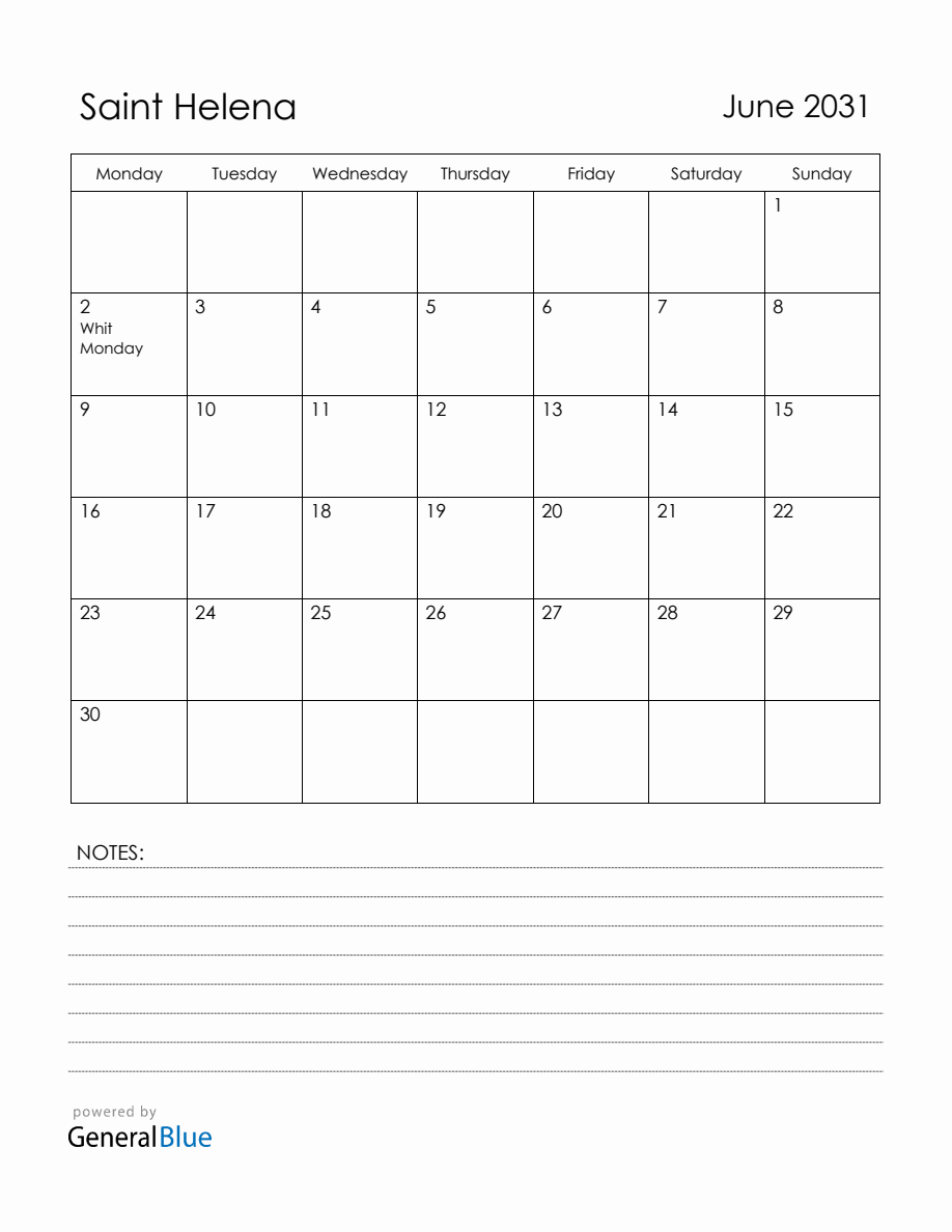 June 2031 Saint Helena Calendar with Holidays