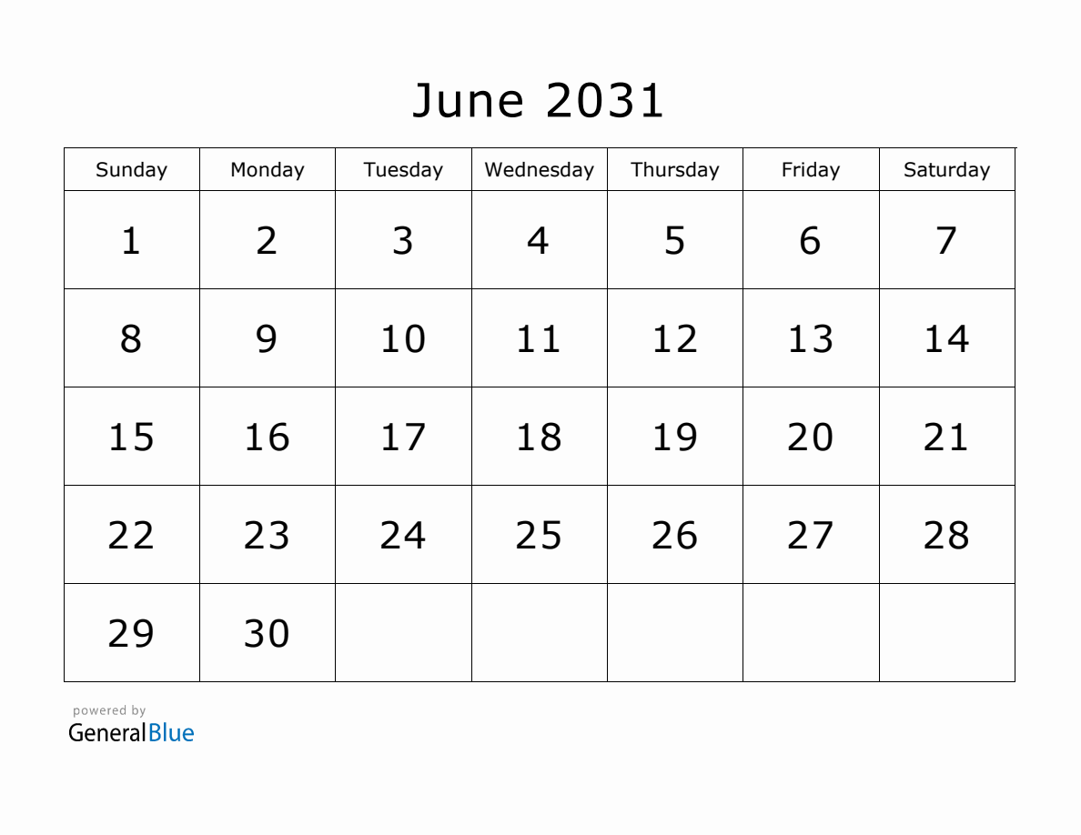 Printable June 2031 Calendar
