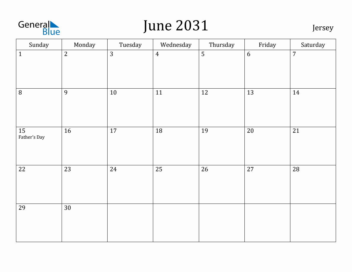 June 2031 Monthly Calendar with Jersey Holidays