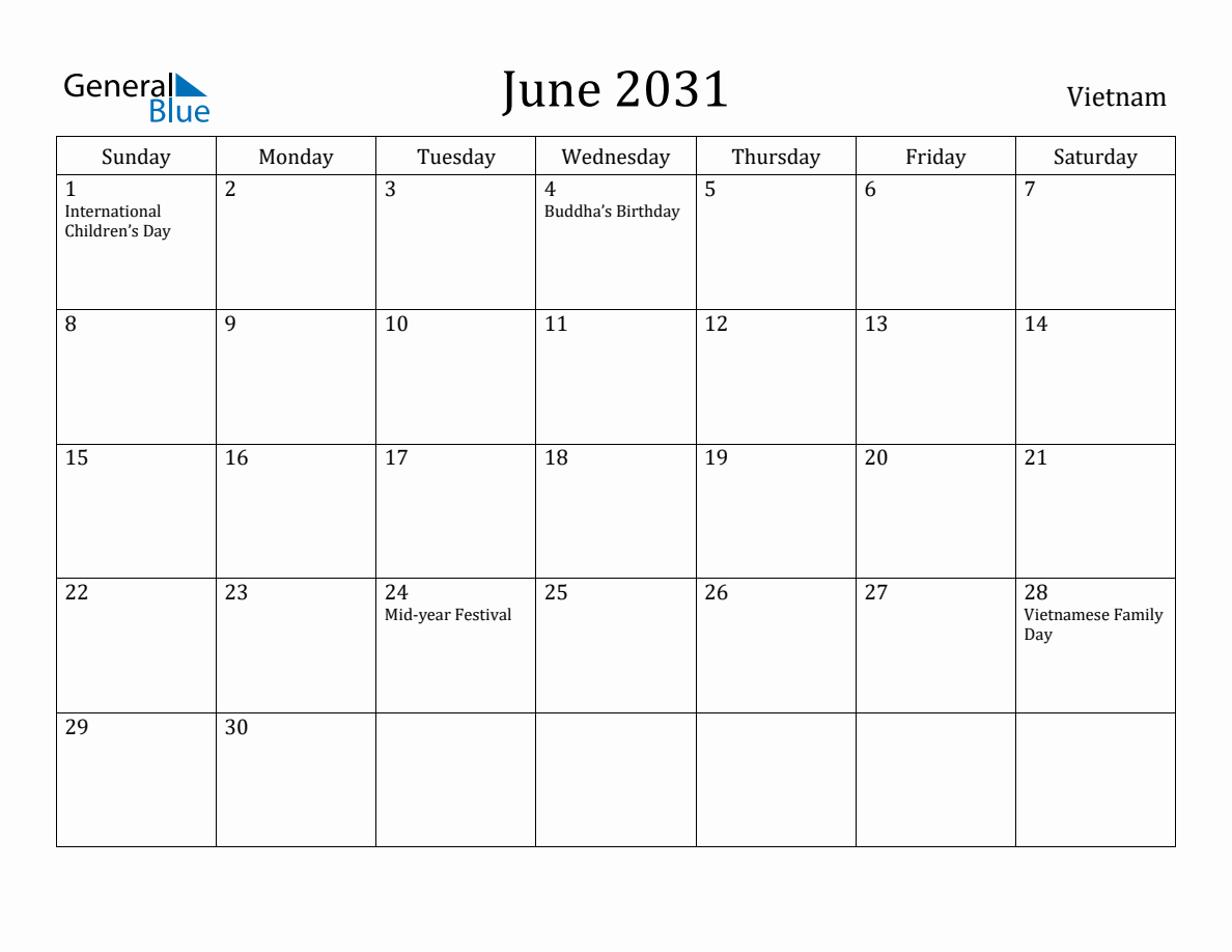 June 2031 Monthly Calendar with Vietnam Holidays