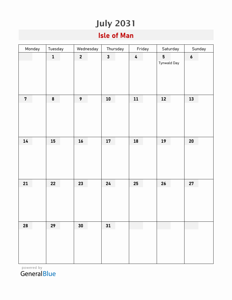 Isle of Man July 2031 Calendar with Holidays (Monday Start)