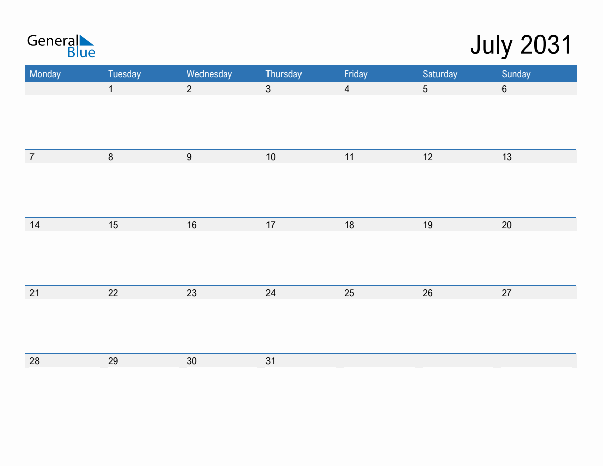 Editable Calendar Template for July 2031 - Monday Start
