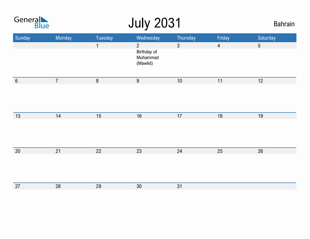 July 2031 Monthly Calendars with Bahrain Holidays
