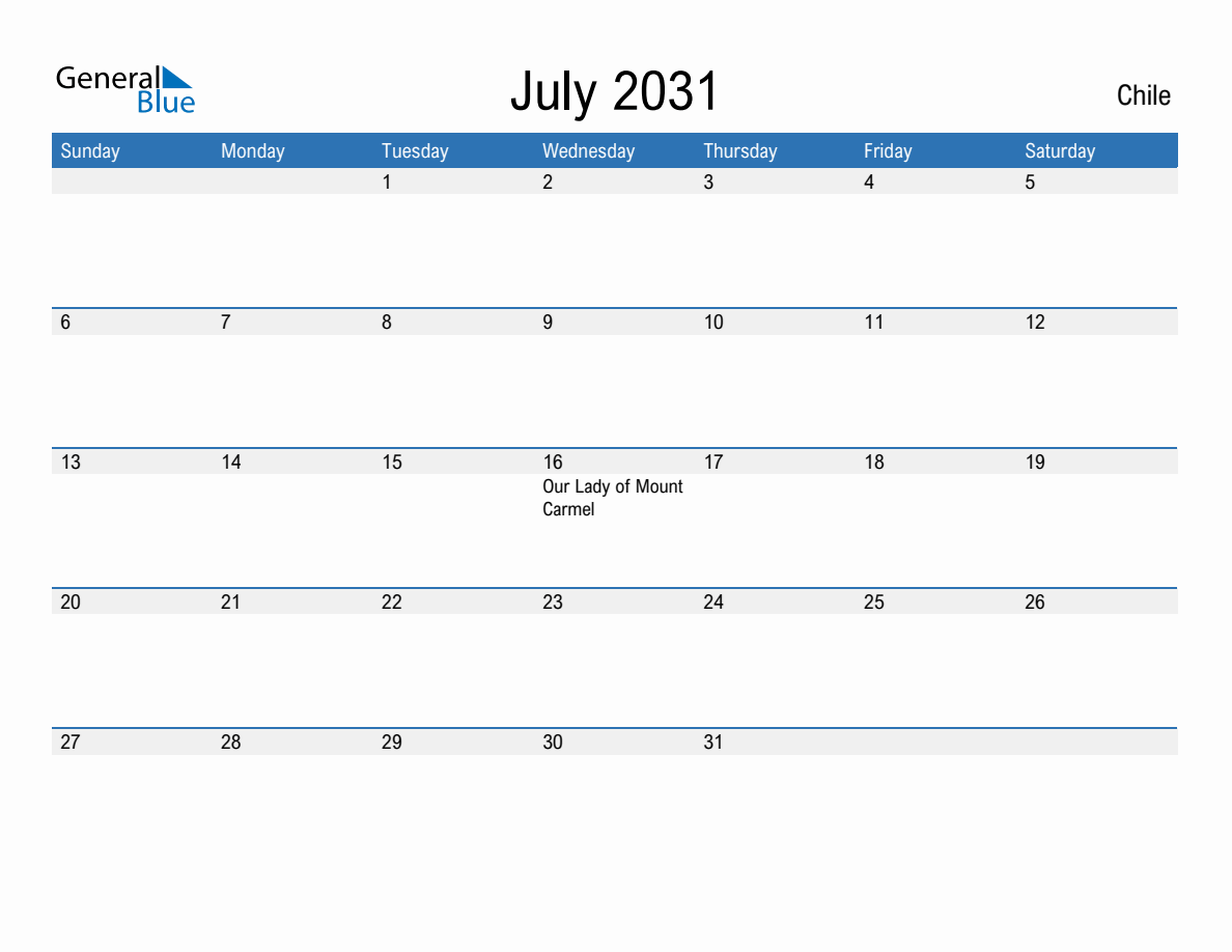 July 2031 Monthly Calendar with Chile Holidays
