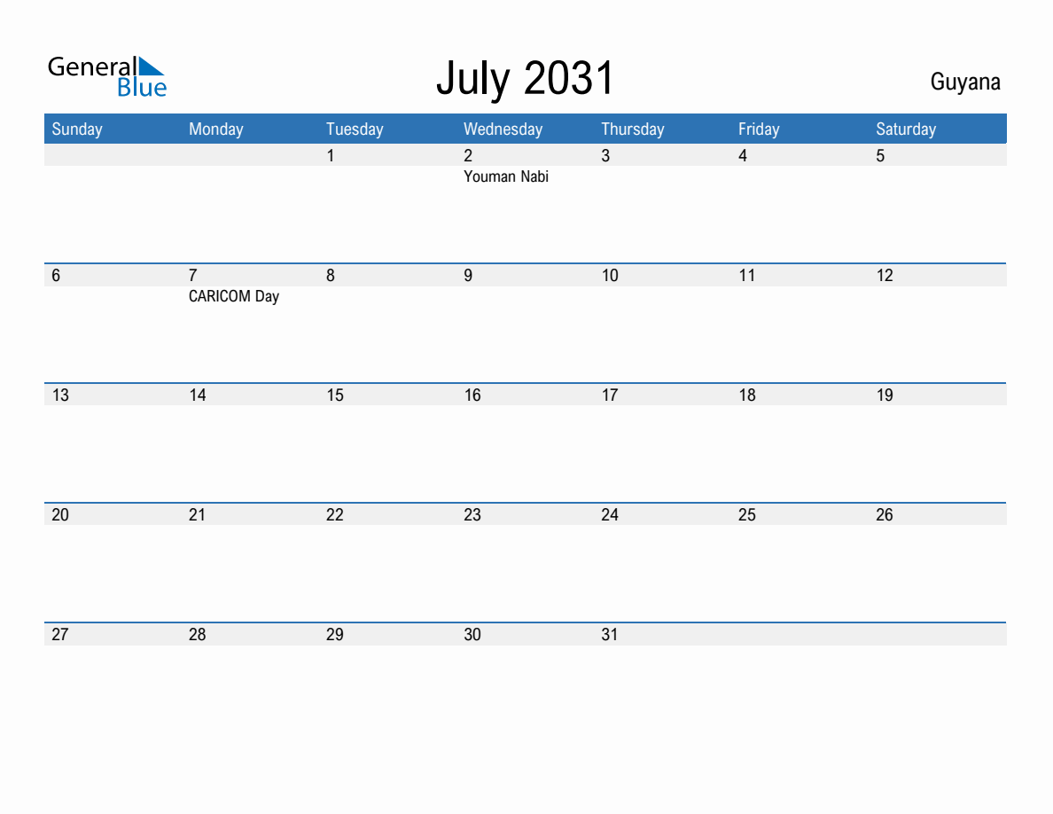 July 2031 Monthly Calendars with Guyana Holidays
