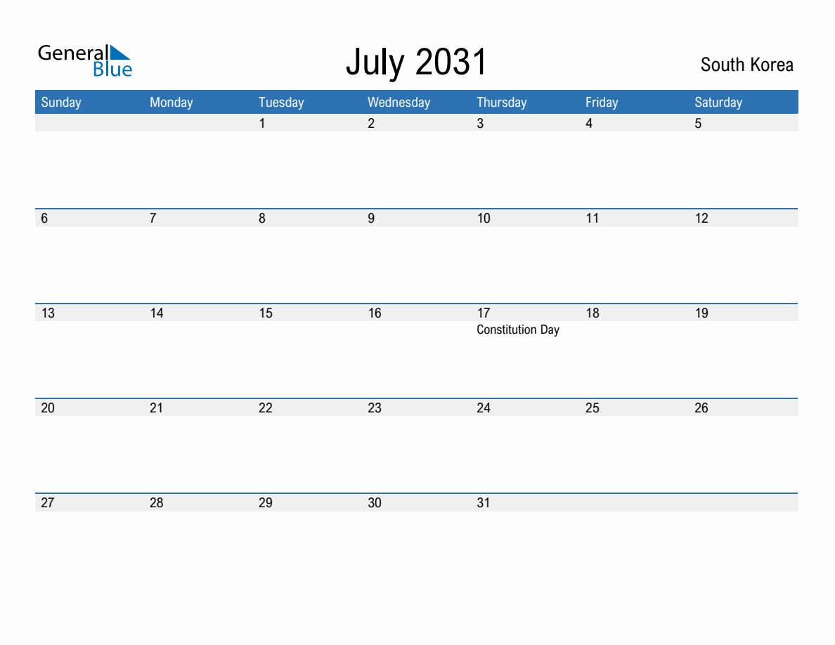 July 2031 Monthly Calendar with South Korea Holidays