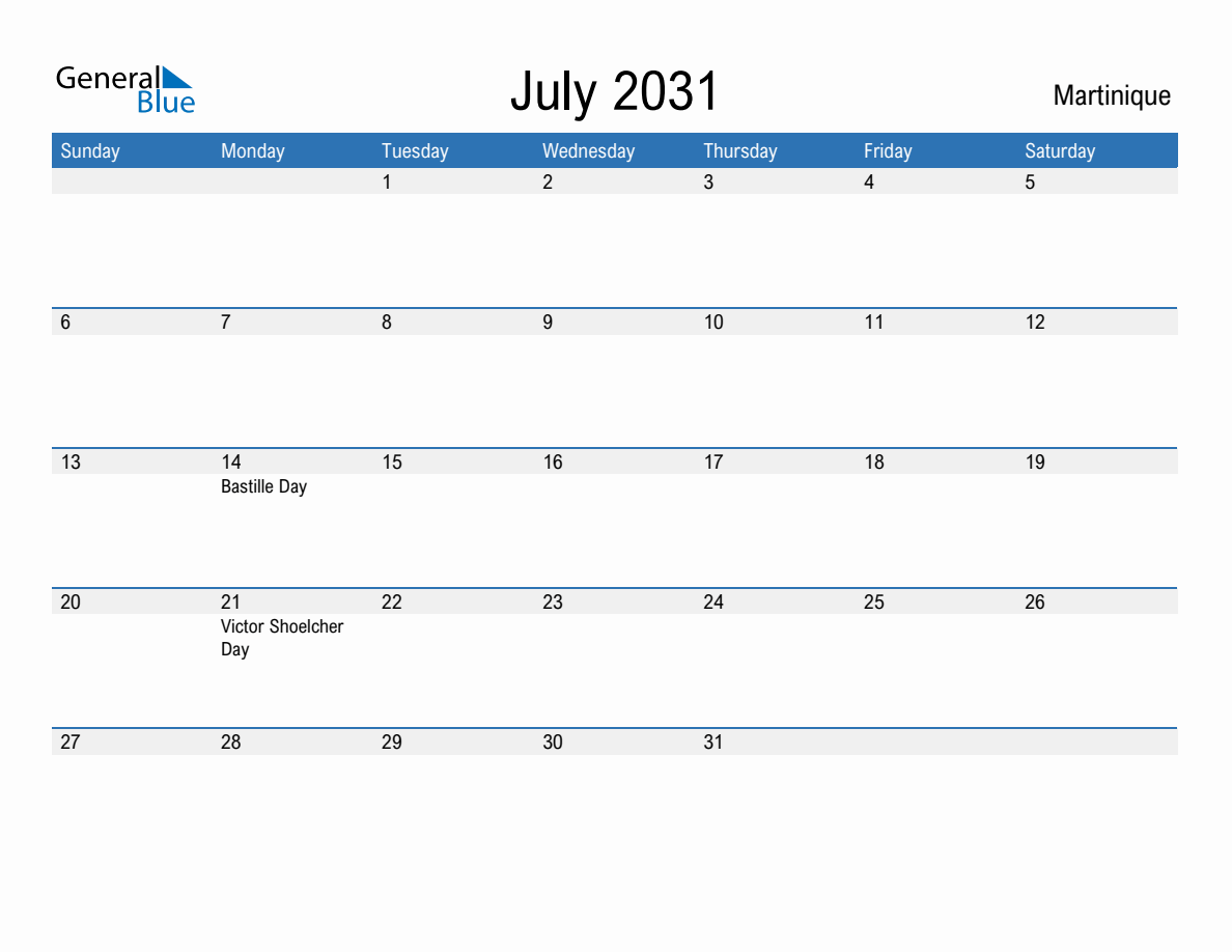 July 2031 Monthly Calendar with Martinique Holidays