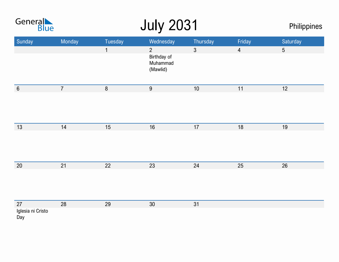 July 2031 Monthly Calendar with Philippines Holidays