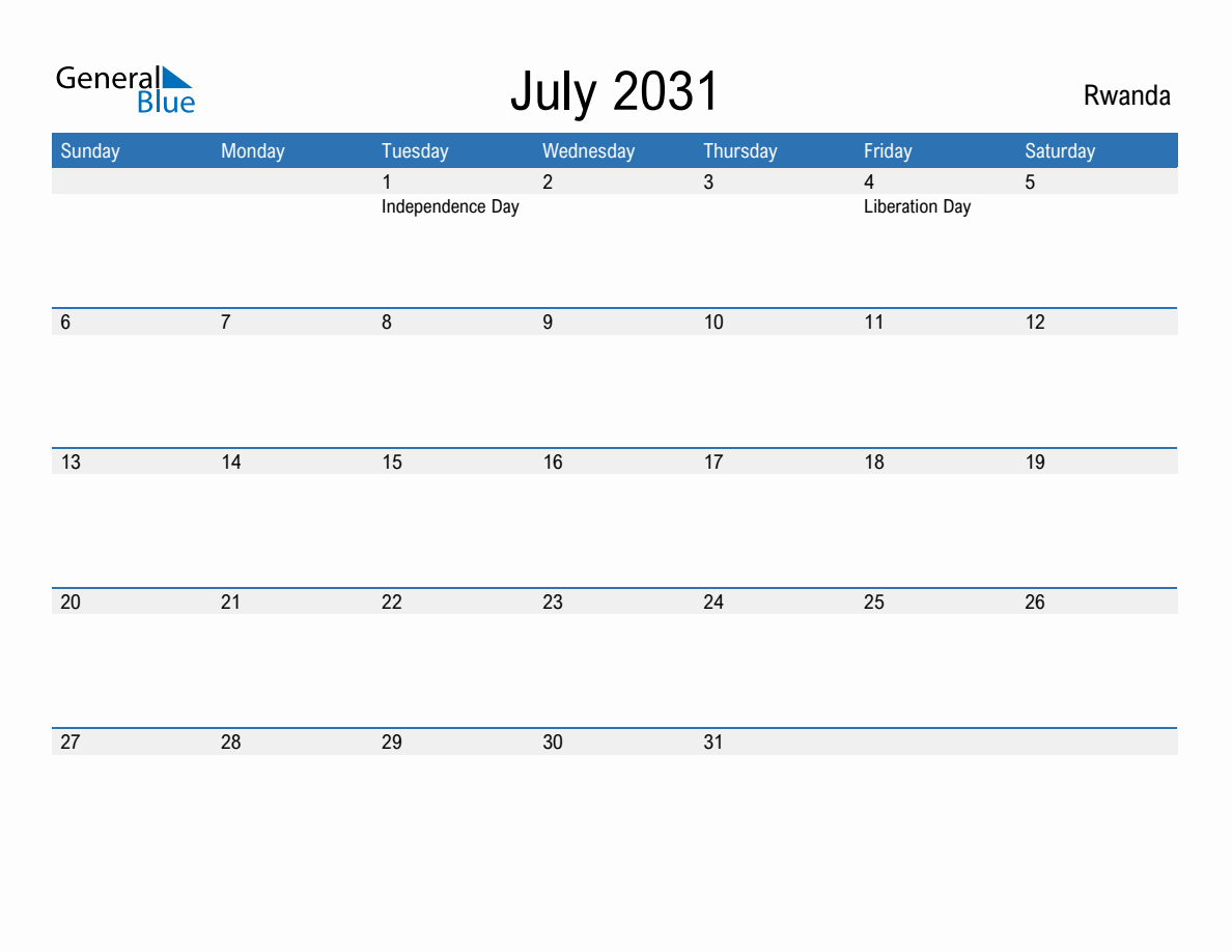 July 2031 Monthly Calendars with Rwanda Holidays