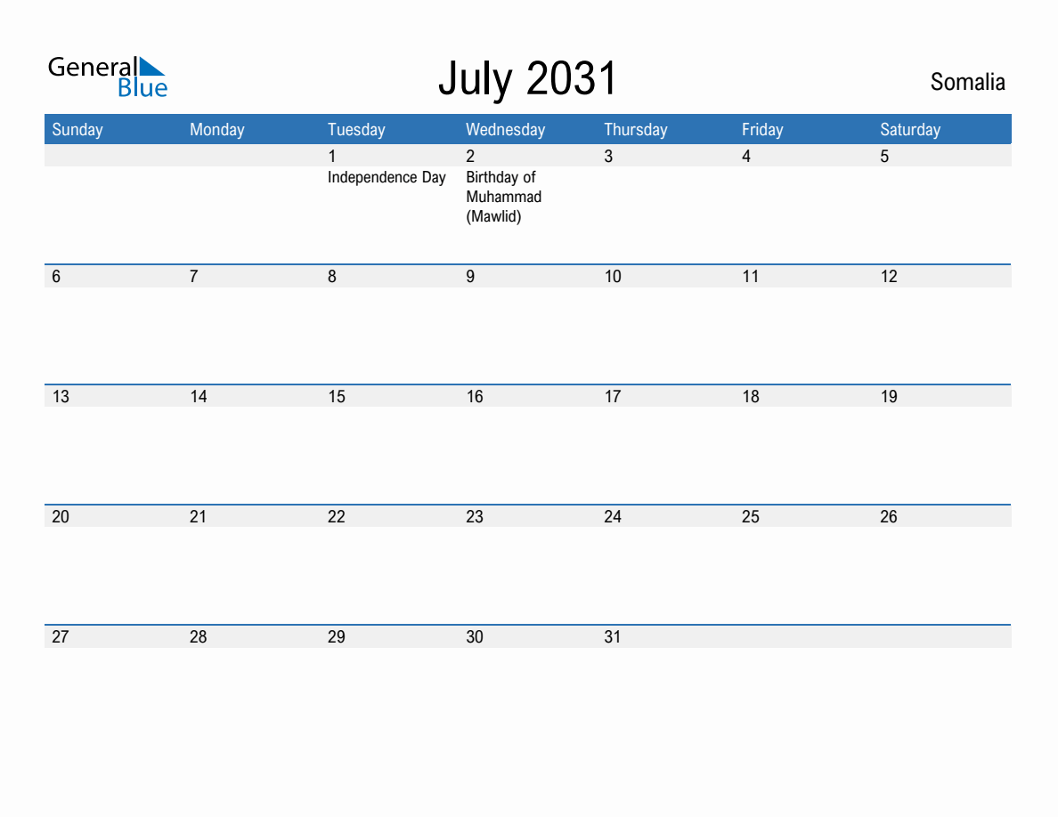 July 2031 Monthly Calendar with Somalia Holidays