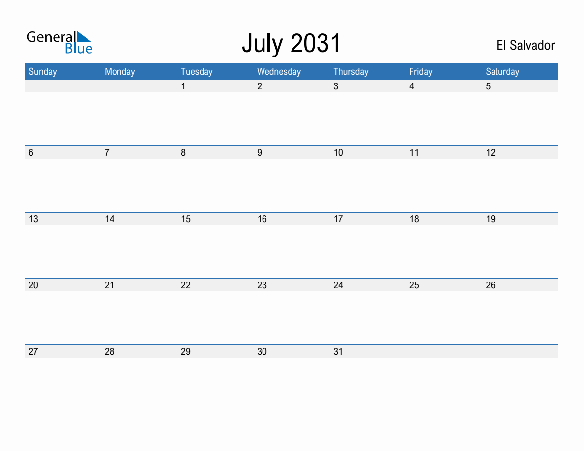 July 2031 Monthly Calendar with El Salvador Holidays