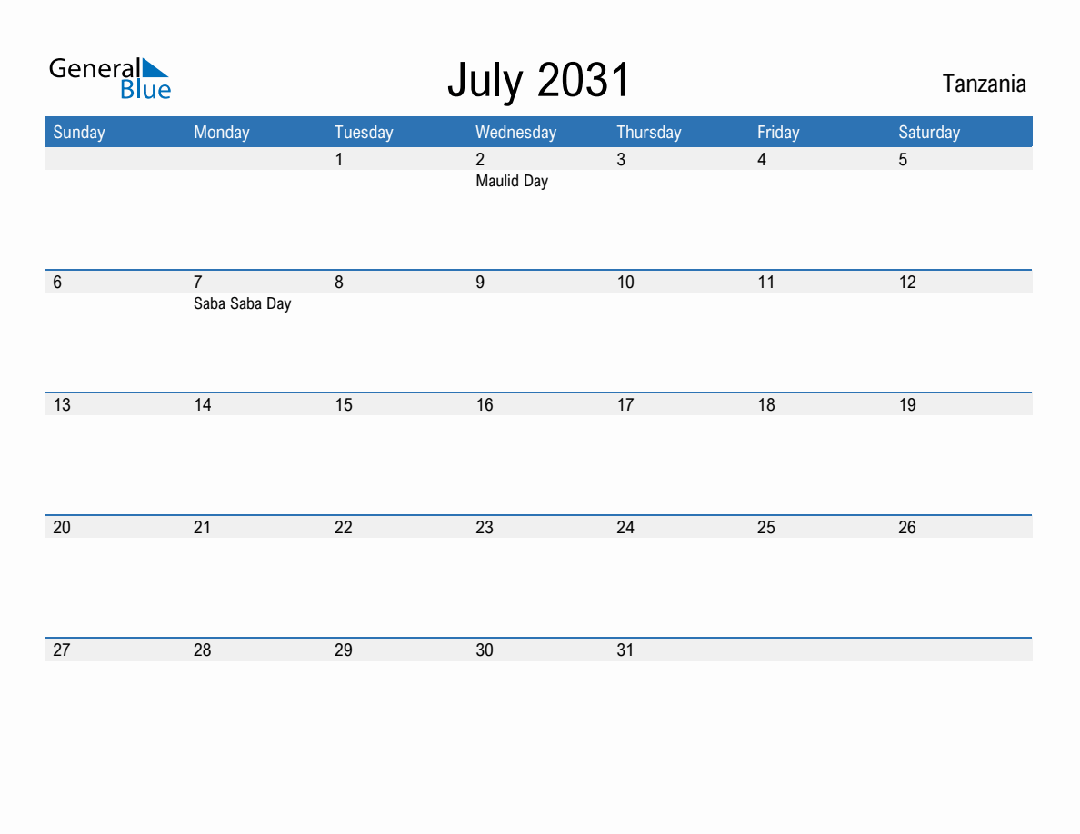 July 2031 Monthly Calendar with Tanzania Holidays