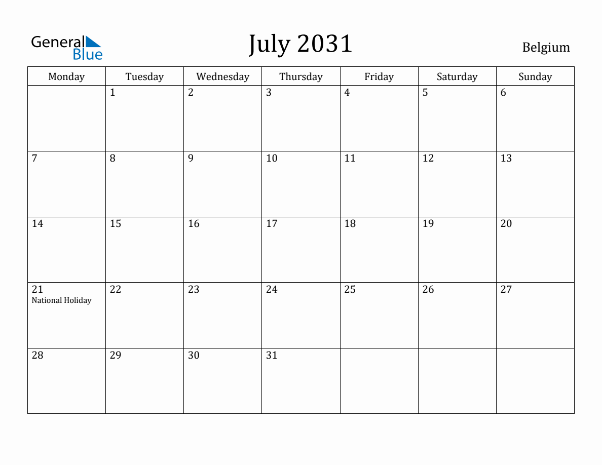 July 2031 Monthly Calendar with Belgium Holidays