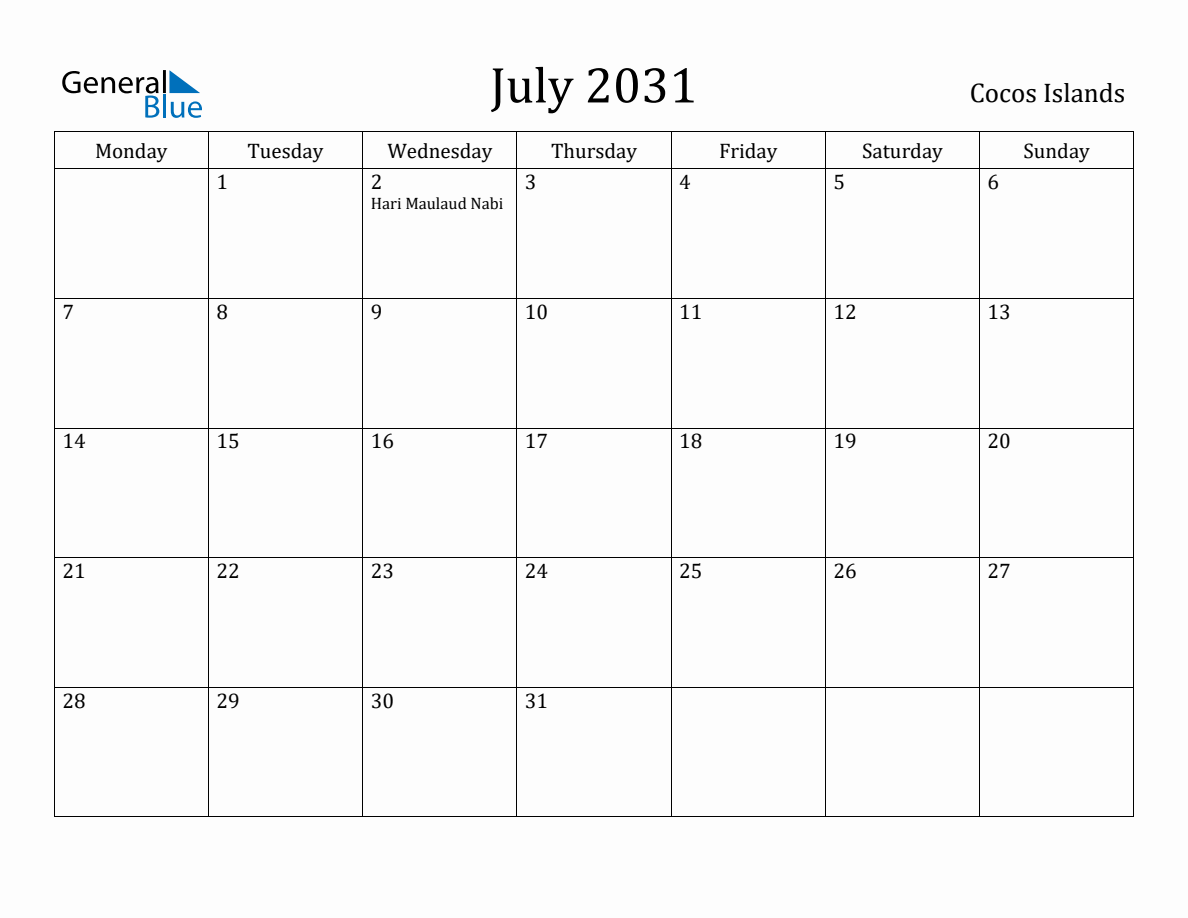 July 2031 Monthly Calendar with Cocos Islands Holidays