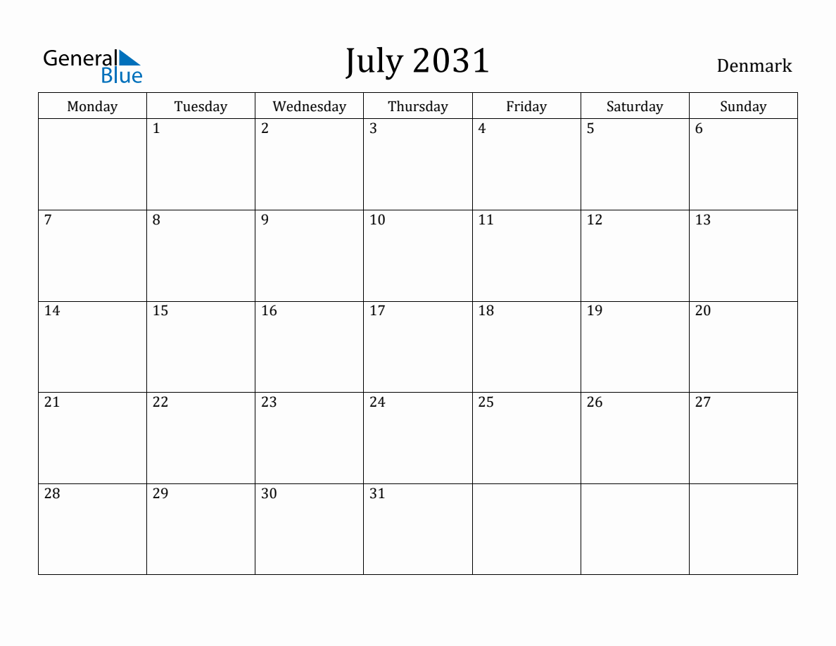July 2031 Monthly Calendar with Denmark Holidays