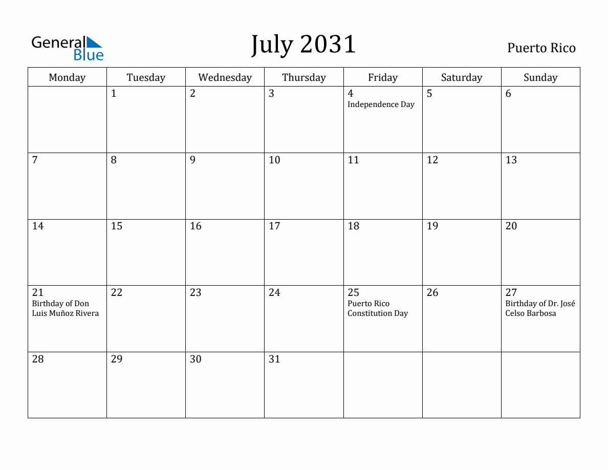 Puerto Rico Monthly Calendar - July 2031 (Monday Start)