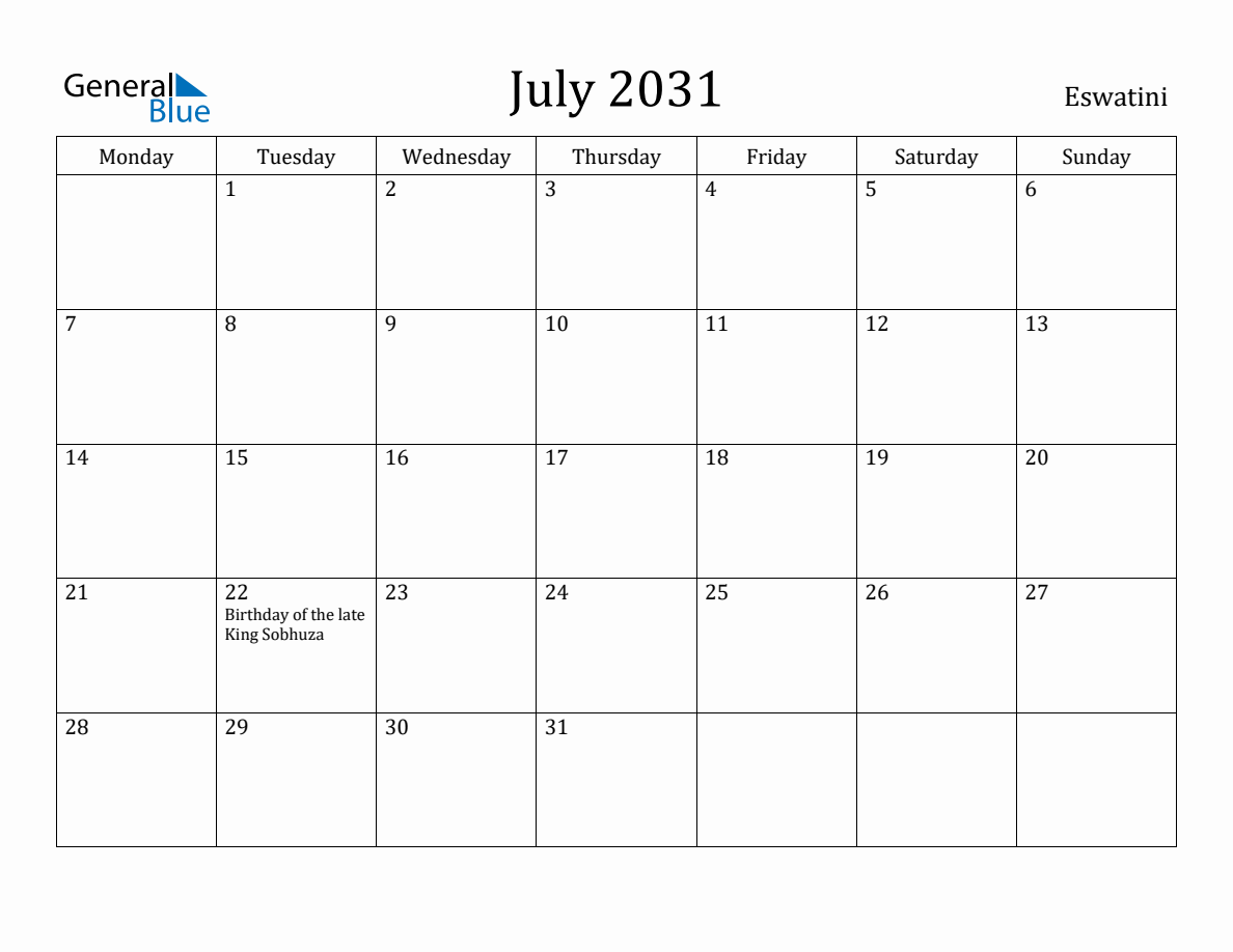 July 2031 Monthly Calendar with Eswatini Holidays (Monday Start)