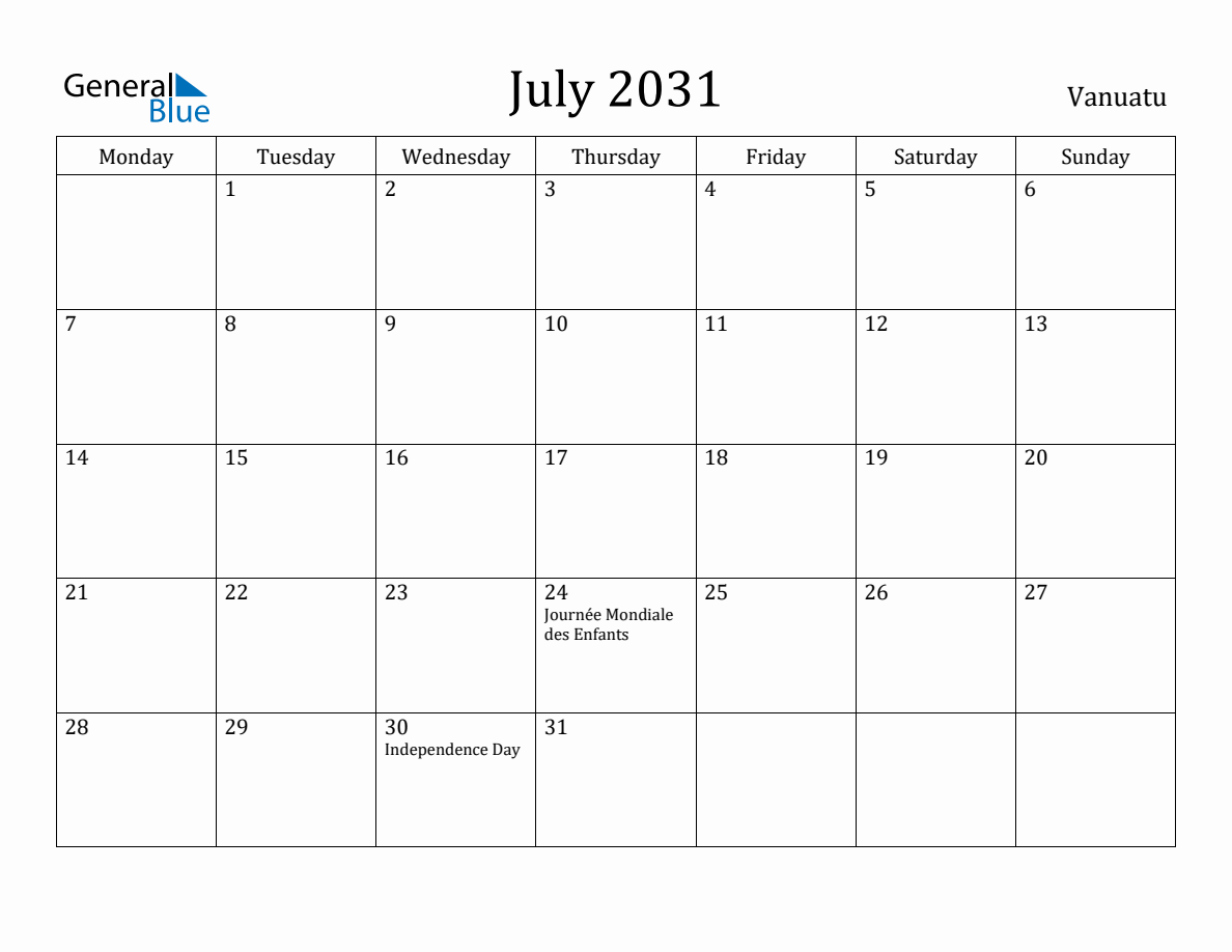 Vanuatu Monthly Calendar - July 2031 (Monday Start)