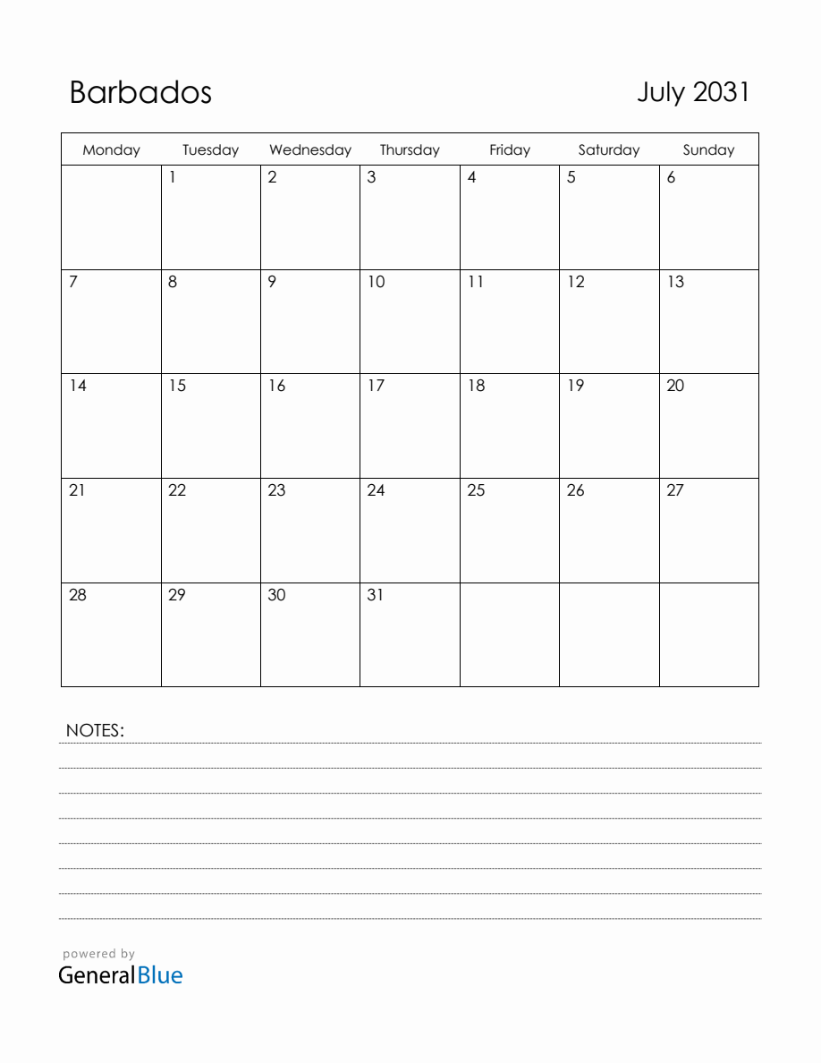July 2031 Barbados Calendar with Holidays (Monday Start)