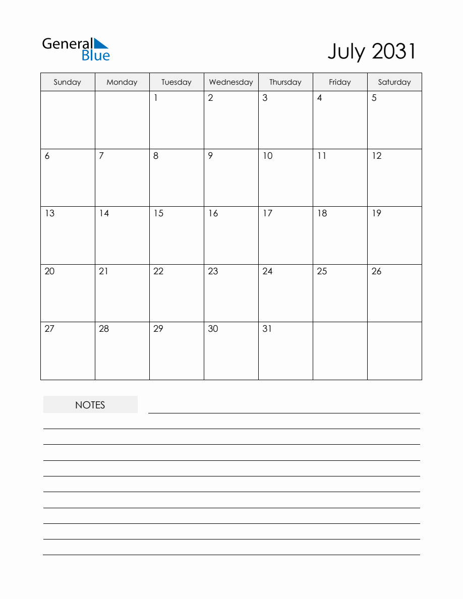 July 2031 Monthly Planner Calendar