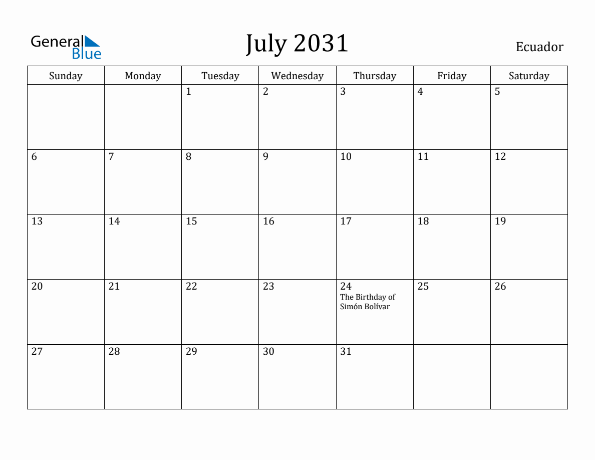 July 2031 Monthly Calendar with Ecuador Holidays
