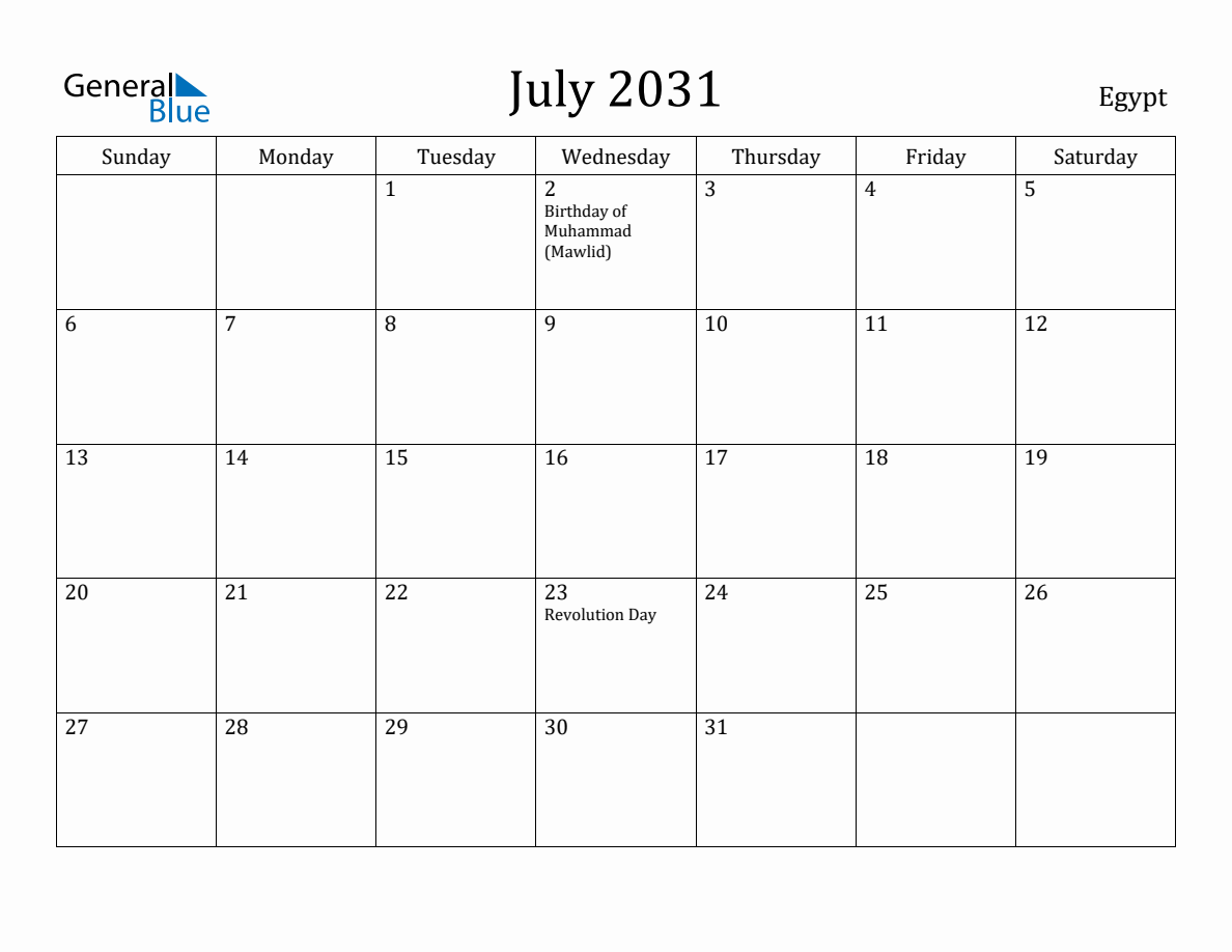 July 2031 Monthly Calendar with Egypt Holidays