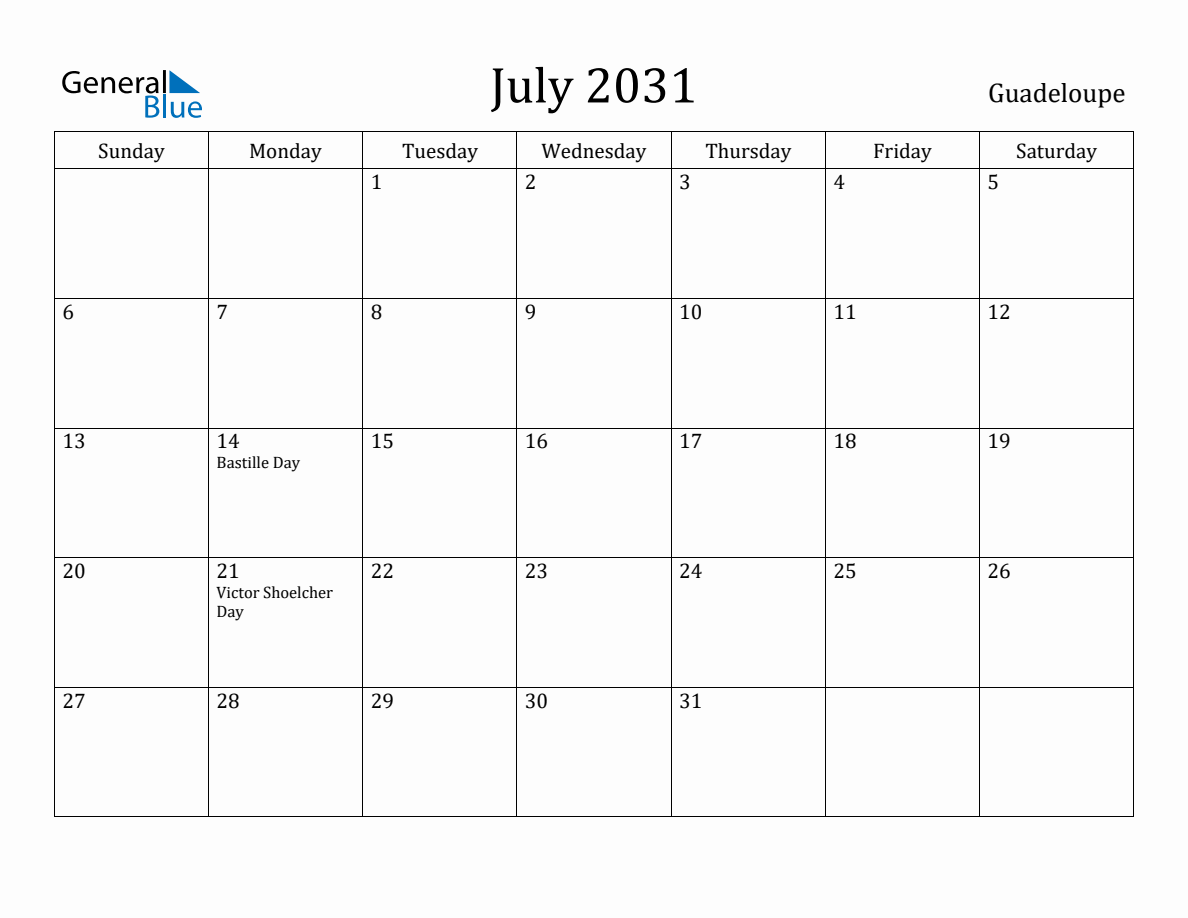 July 2031 Monthly Calendar with Guadeloupe Holidays