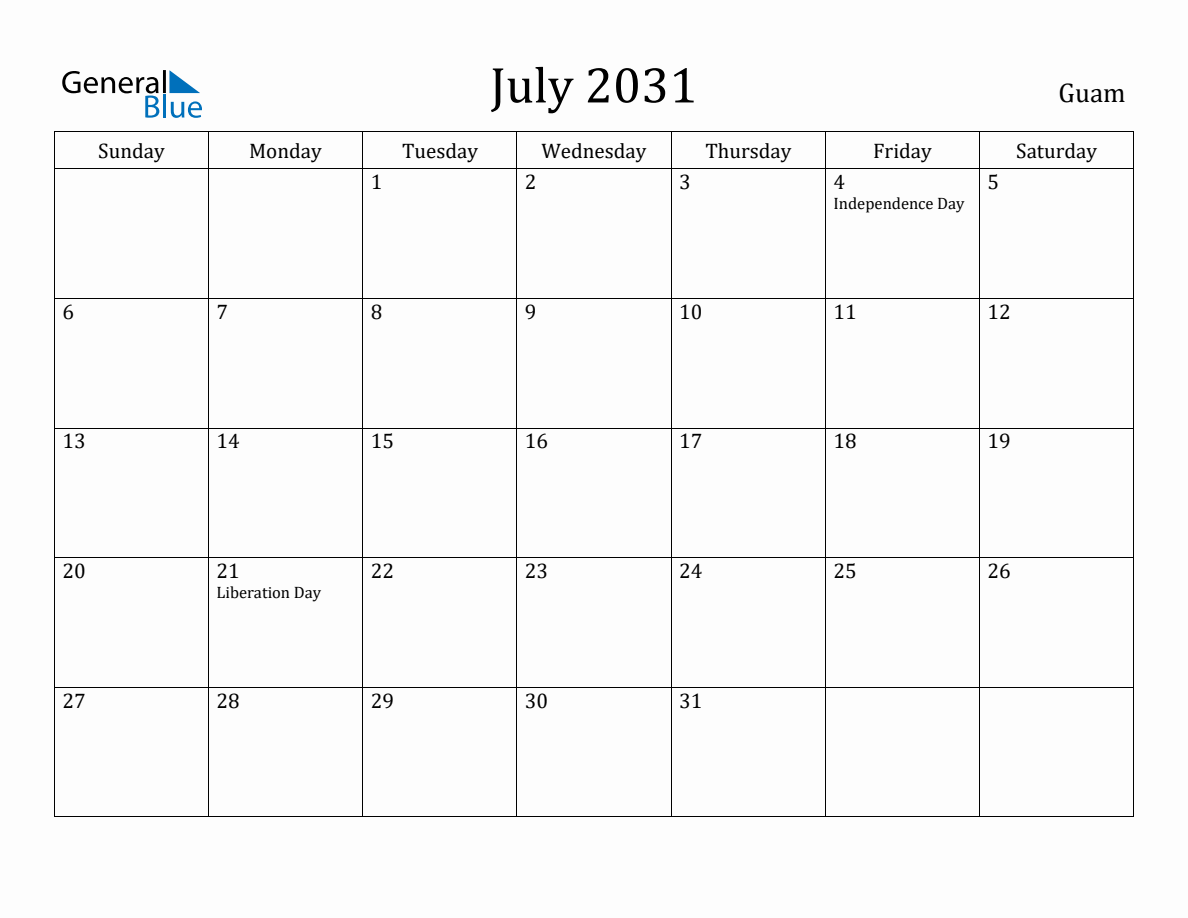 July 2031 Monthly Calendar with Guam Holidays