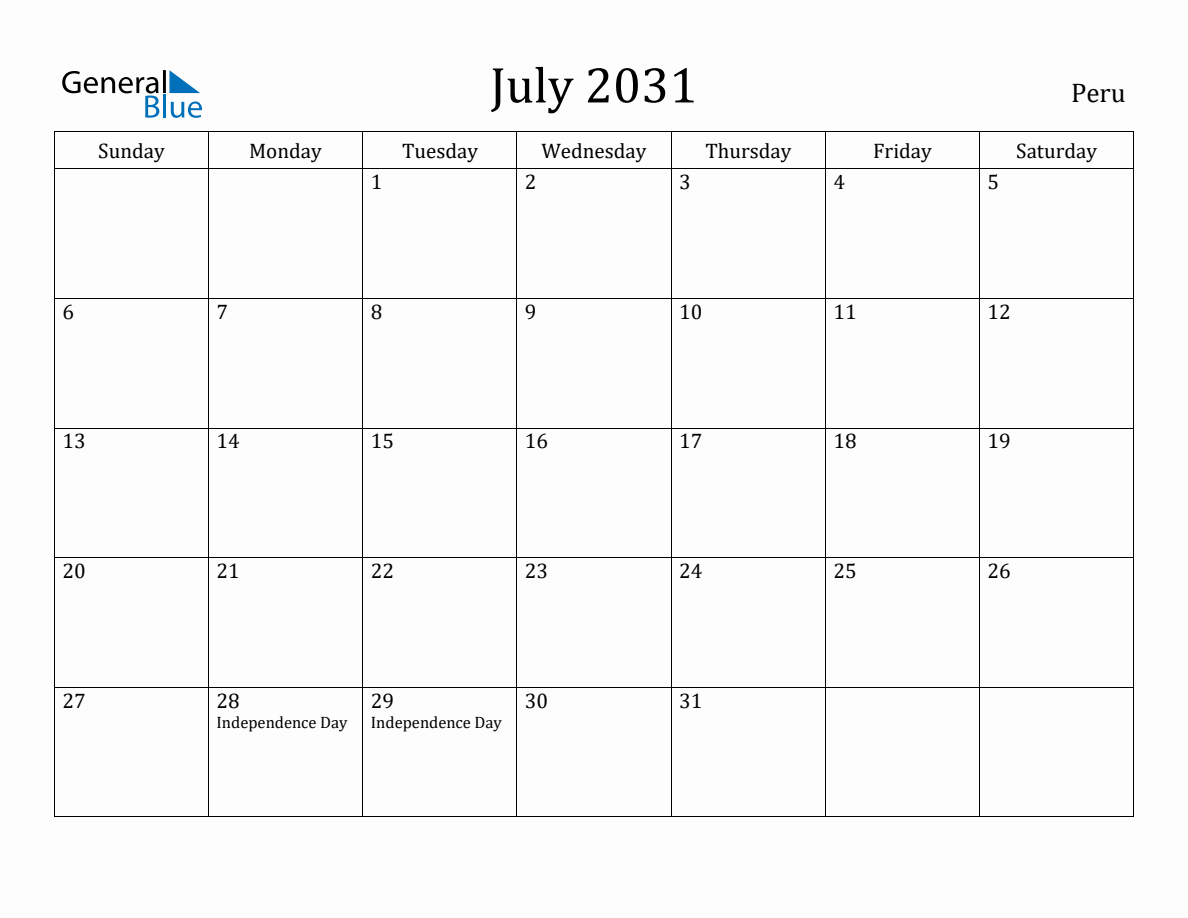 July 2031 Monthly Calendar with Peru Holidays