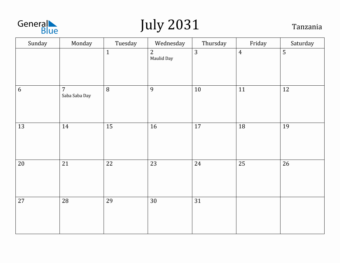 July 2031 Monthly Calendar with Tanzania Holidays