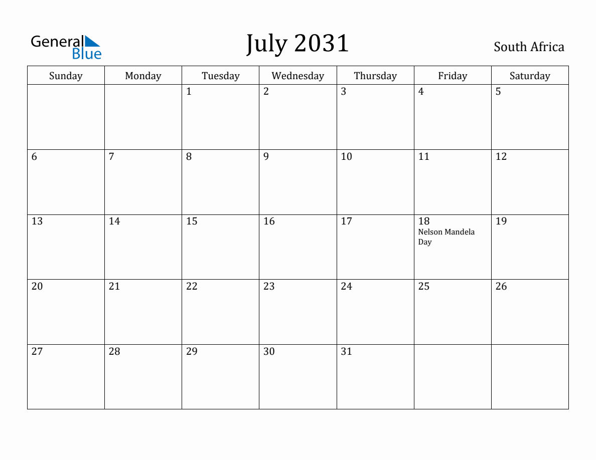 July 2031 Monthly Calendar with South Africa Holidays