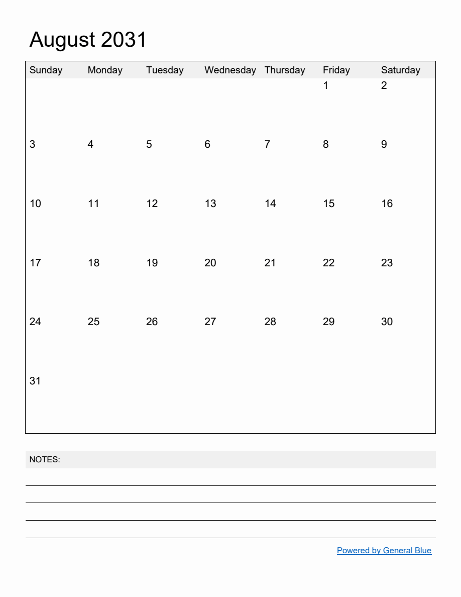 Free Printable Monthly Calendar for August 2031