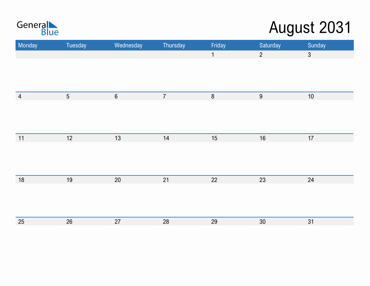 Editable Calendar Template for August 2031 - Monday Start